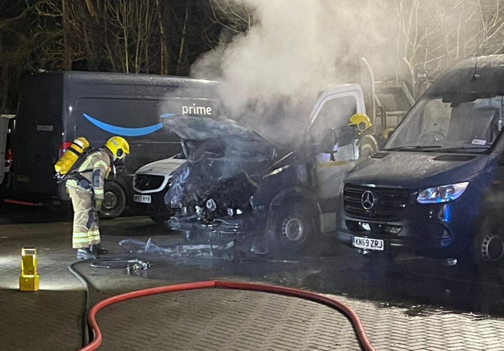 Van destroyed by fire after suspected electrical fault on industrial ...