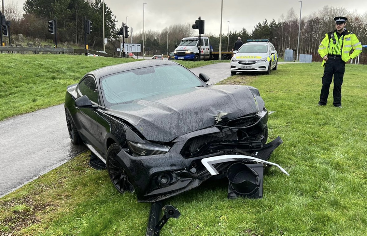 Mustang demolishes traffic light in Swindon crash — near aptly named road