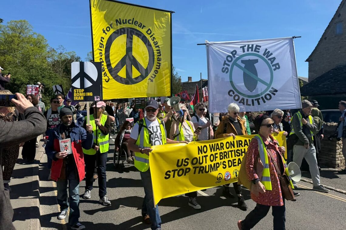 Anti-war campaigners chant 'hands off Iran' in RAF Fairford protest